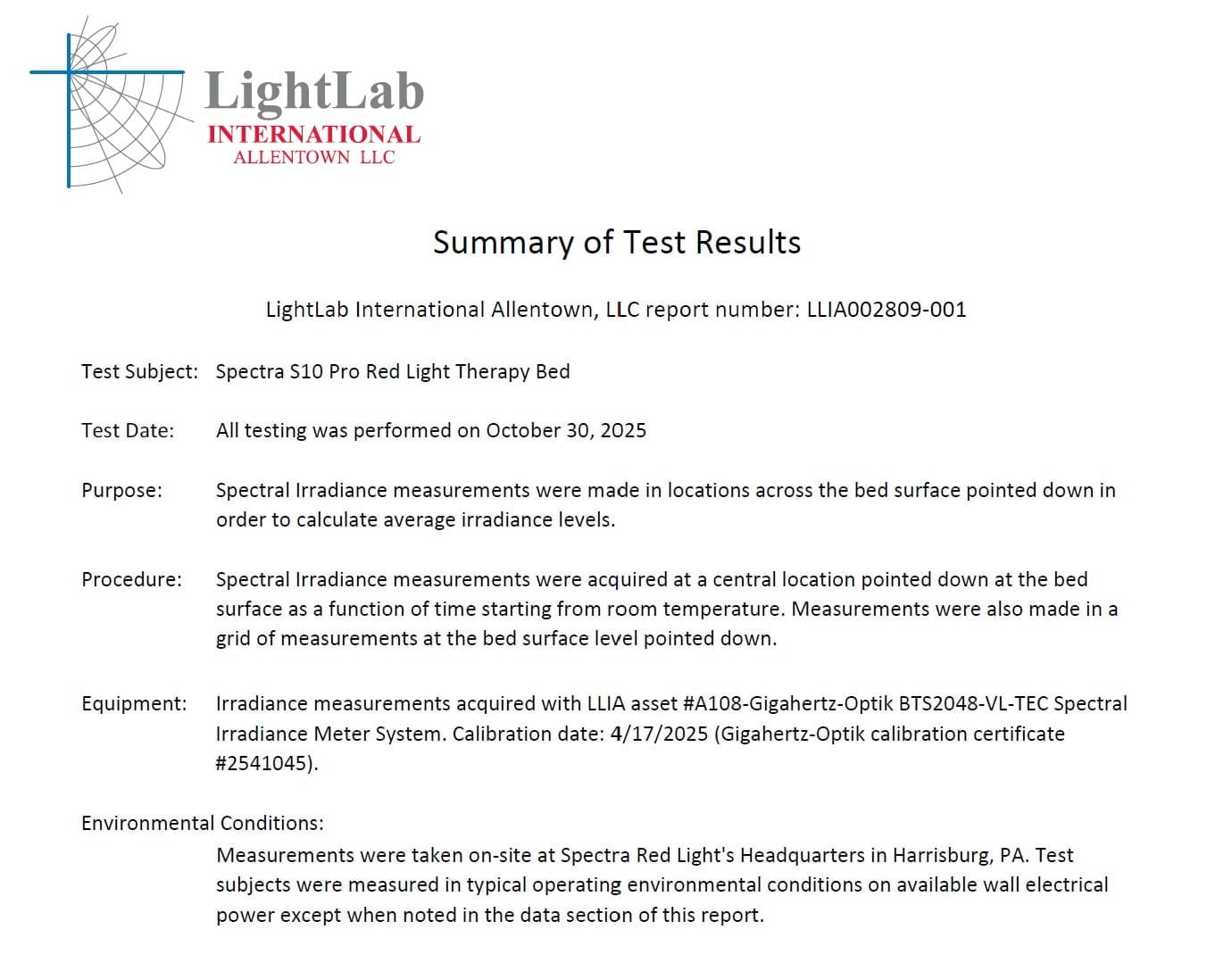 S10 Pro Irradiance Certification - Spectra Red Light